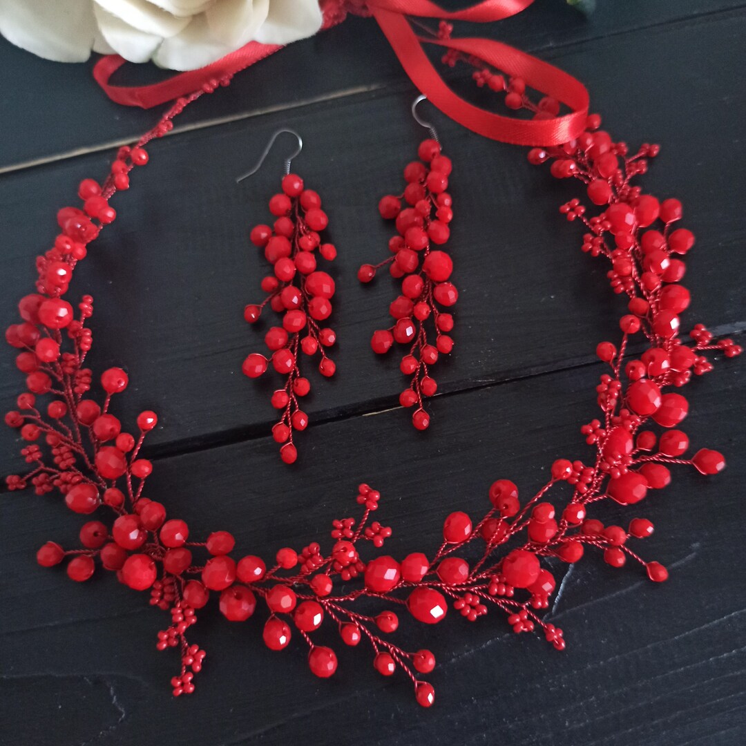 Red Hair Wreath Red Wreath for Wedding Red Hair Jewelry Set Red Long ...