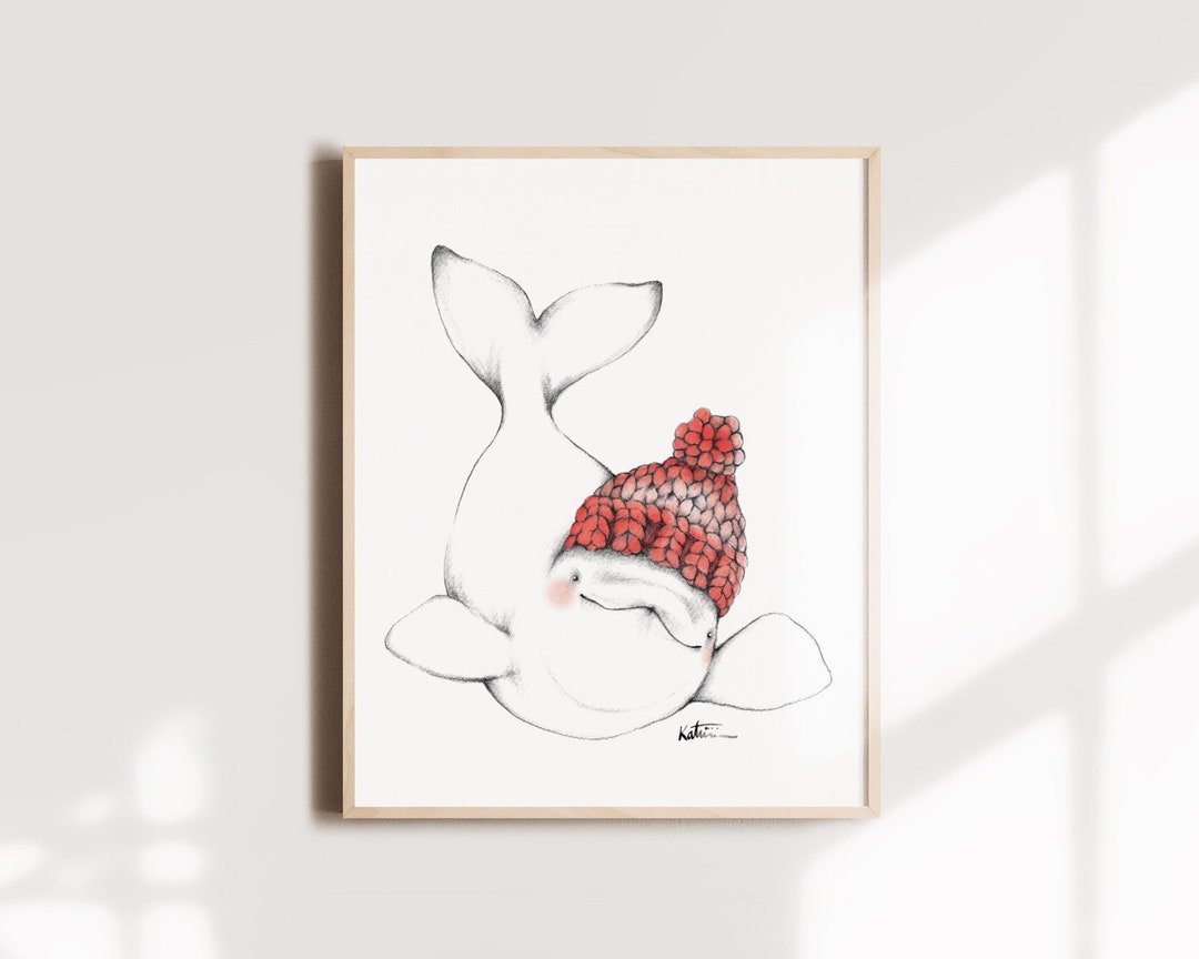 Beluga Poster and His Wool Hat, Whale Illustration, Watercolor Aquatic ...