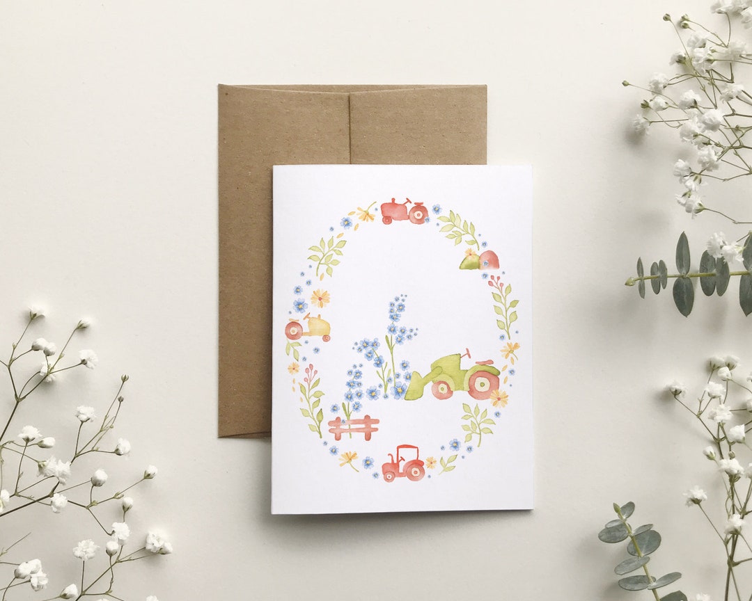 Tractors Greeting Card, Greeting Card, Without Text, Watercolor Animal ...