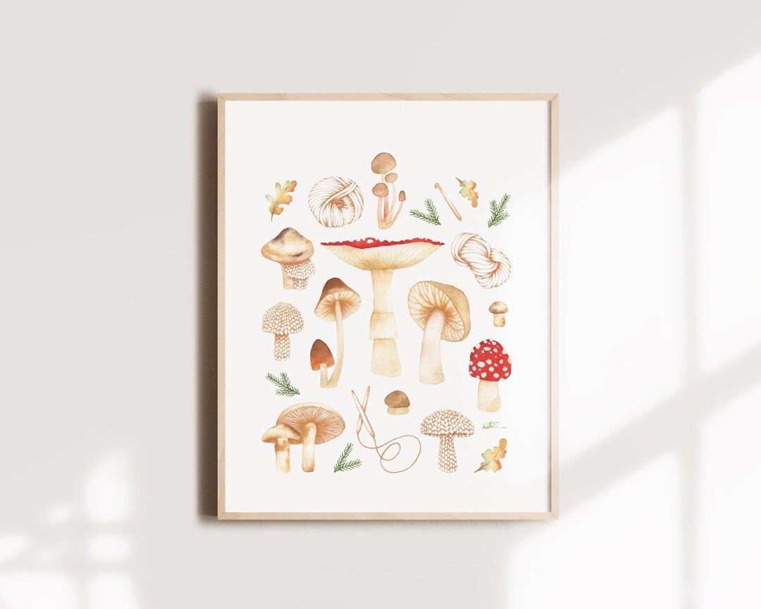 Wild Mushroom Poster, Nature Botanical Watercolor Illustration ...