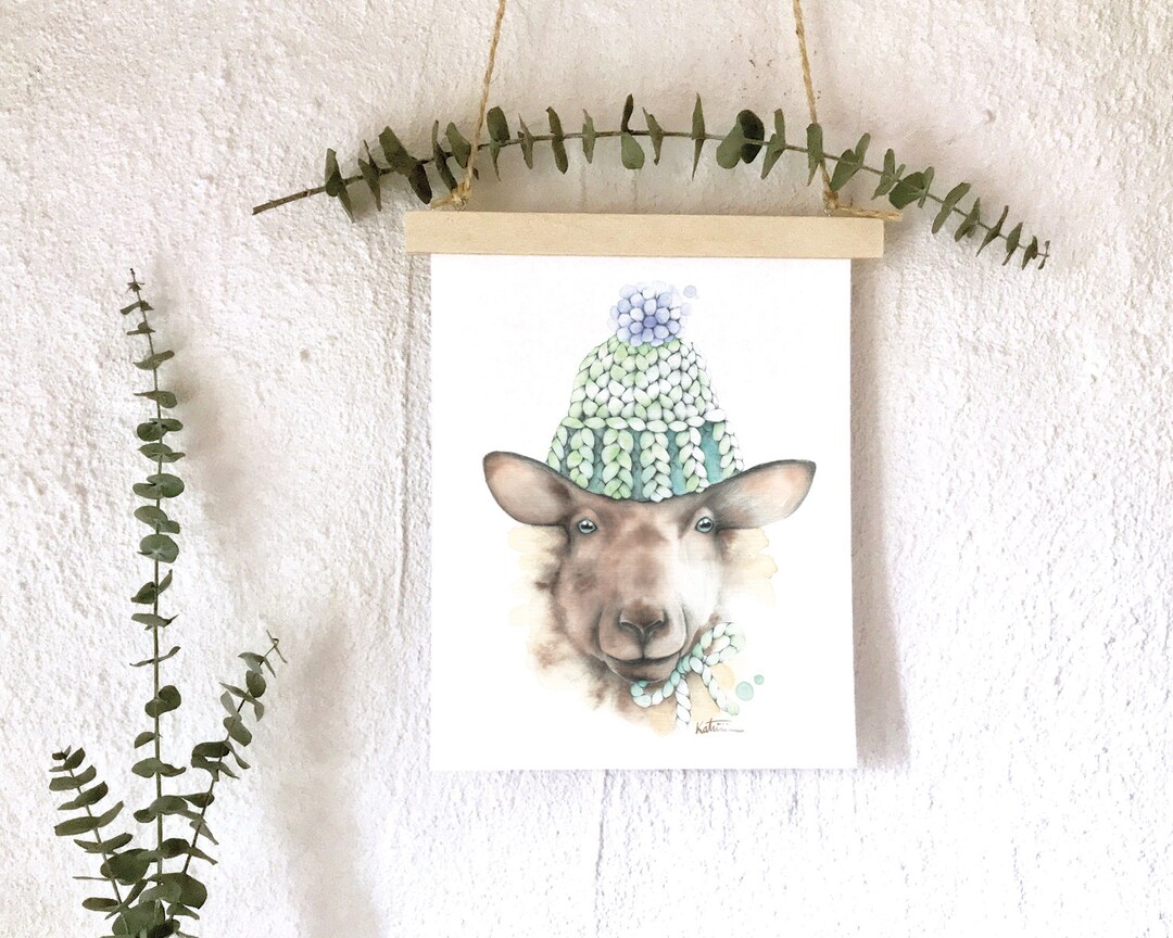 Poster Sheep Tuque Wool Pompom / Illustration Watercolor Knitting ...
