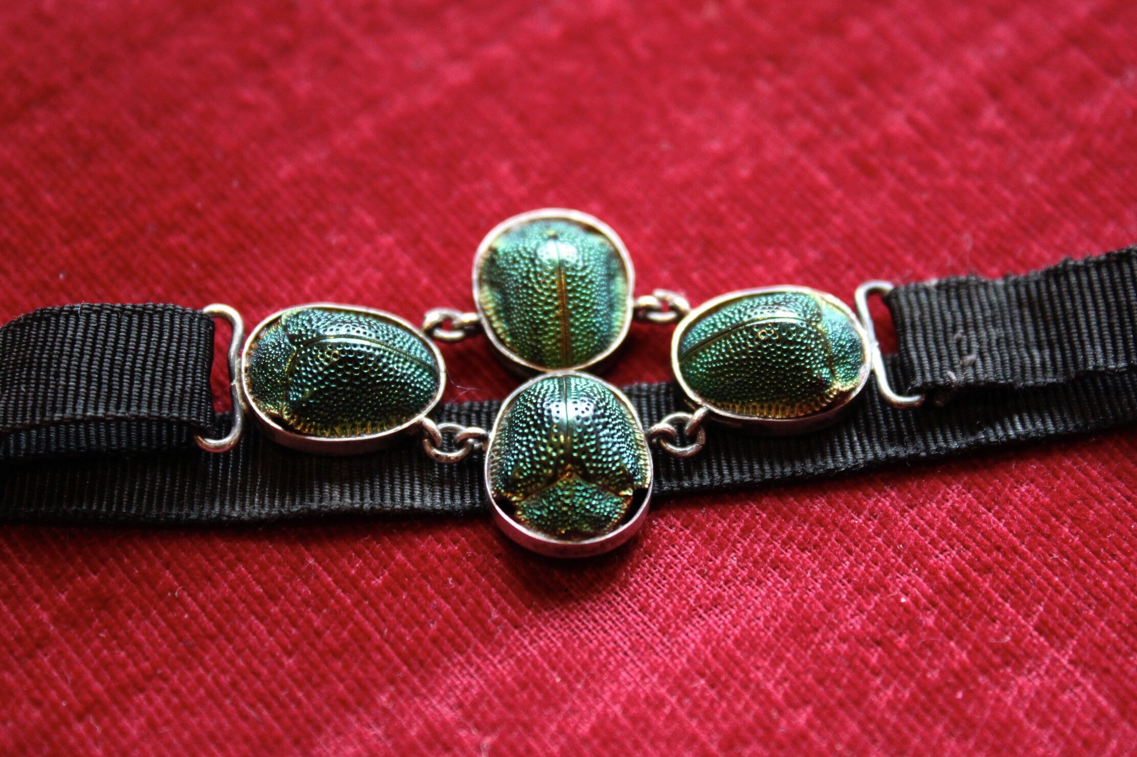 RARE Real Scarab Bracelet Antique Beetle Jewellery Silver and Grosgrain ...