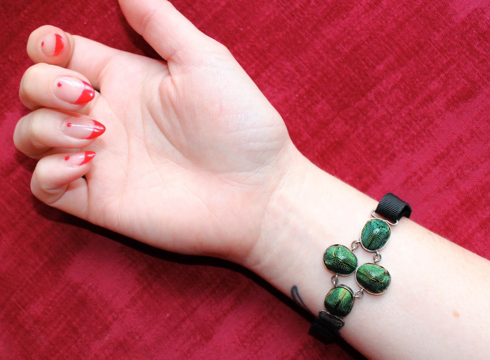 RARE Real Scarab Bracelet Antique Beetle Jewellery Silver and Grosgrain ...