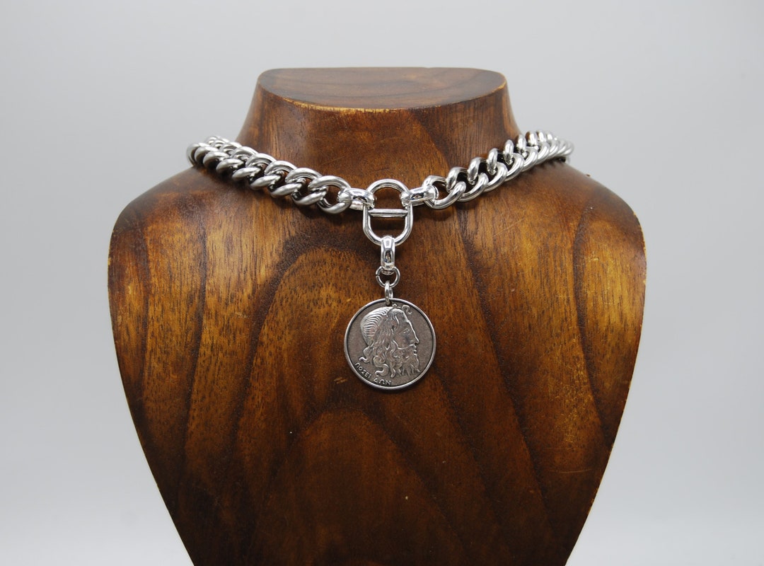 Stainless Steel Silver Coin Necklace, Silver Chunky Chain Necklace ...