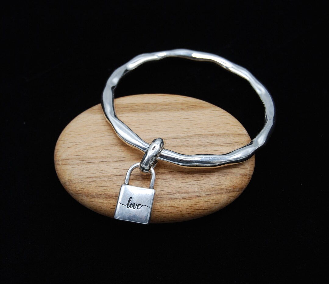 Antique Silver Bangle, Silver Charm Bangle, Silver Padlock Charm ...