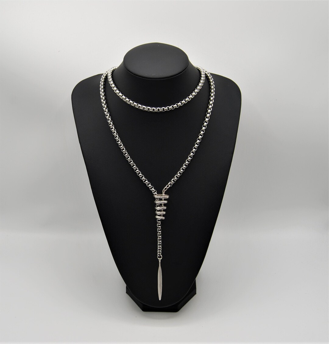 Silver Wrap Box Chain Necklace, Abstract Y Necklace, Silver Lariat ...