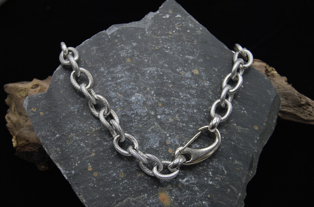 Statement Silver Necklace, Push Gate Necklace, Stainless Steel Cable ...
