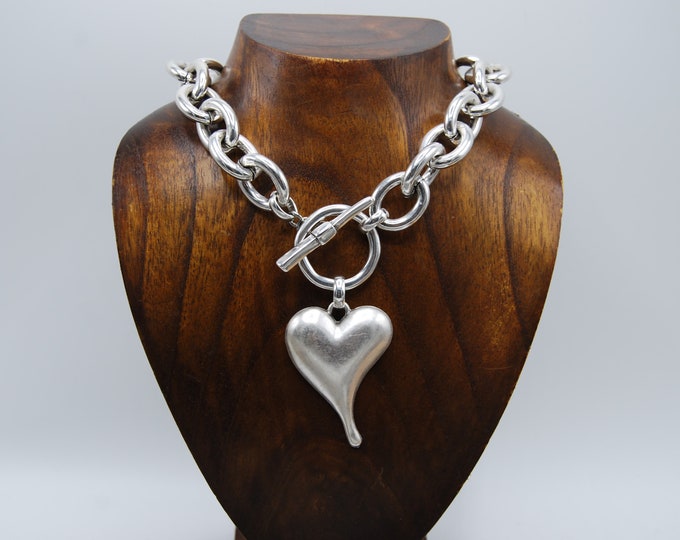 Silver Heart Pendant Necklace, Silver Toggle Clasp Necklace, Silver ...