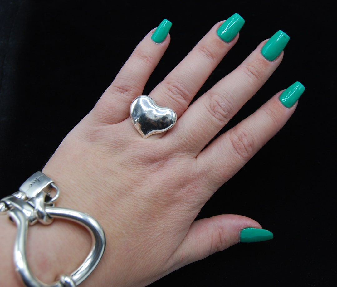 Silver Heart Ring, Silver Puffed Heart Ring, Silver Adjustable Ring ...