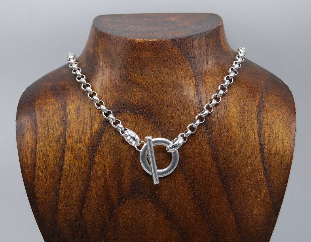 Antique Silver Rolo Chain Toggle Clasp Necklace, Silver Statement ...