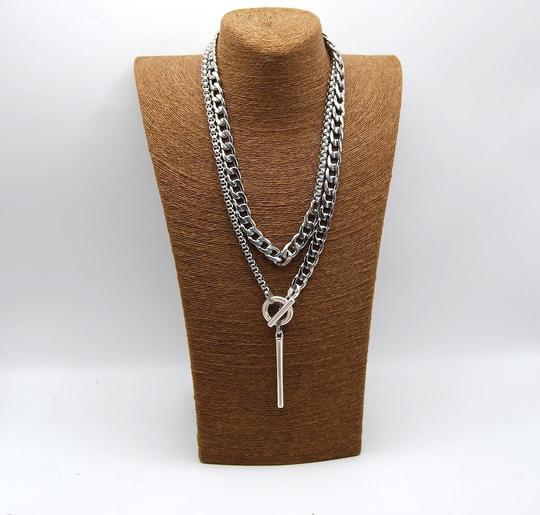Stainless Steel Wrap Necklace: Chunky Curb & Box Chain Toggle Clasp - Etsy