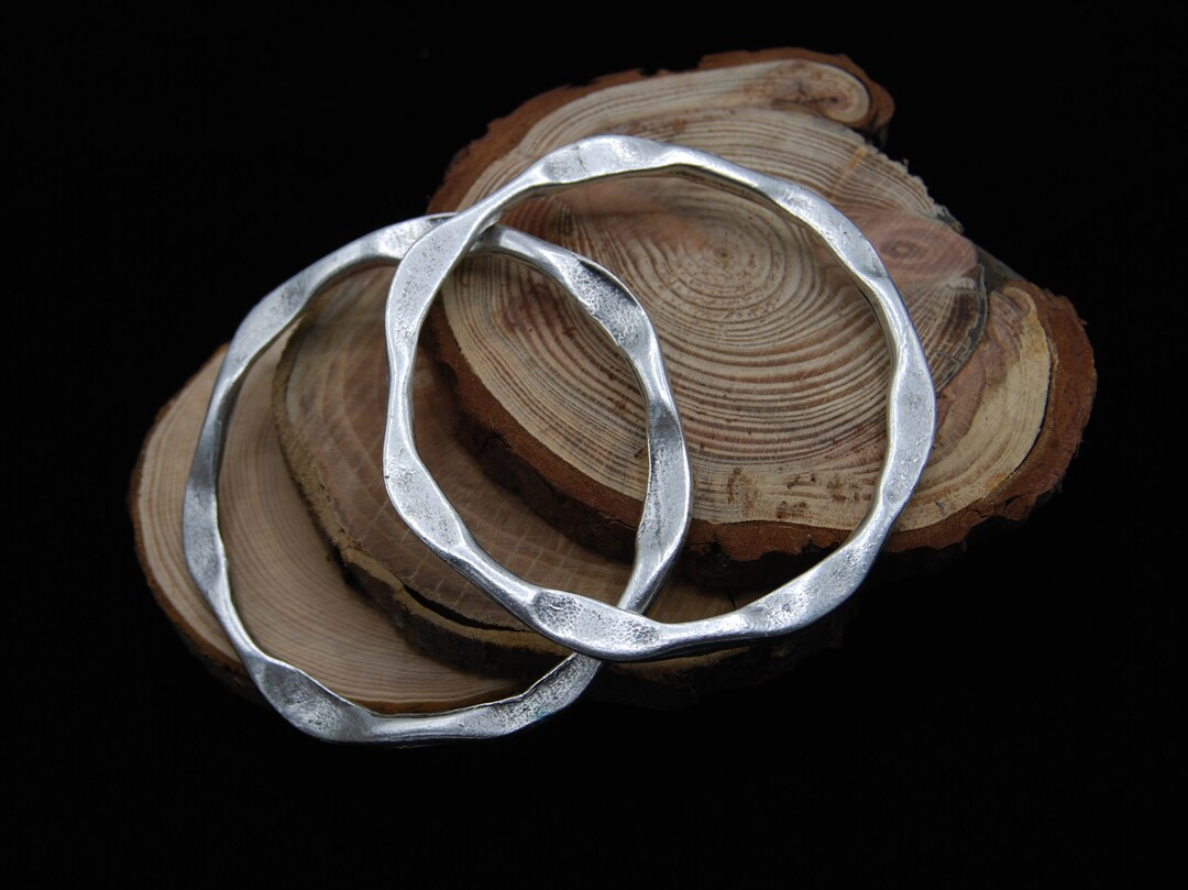 2 Antique Silver Irregular Shaped Bangles, Hammered Silver Bangles ...