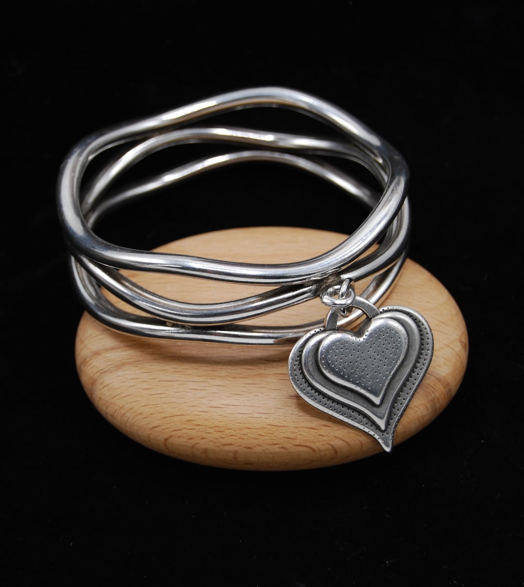 Silver Bangle, Silver Statement Bangle, Heart Charm Bangle, Wavy Triple ...