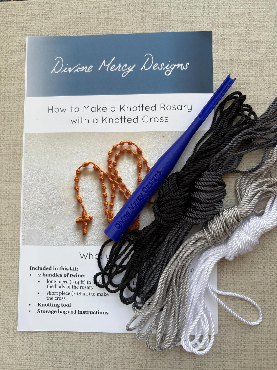 DIY Knot Rosary Kit: Black, Gray, White Twine (#24) With Knotting Tool ...