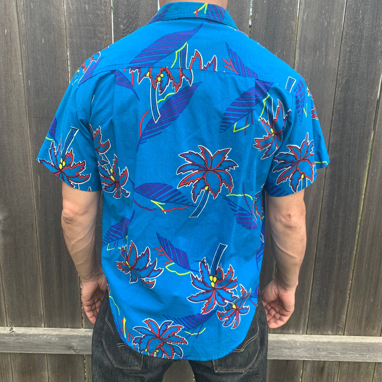 Vintage Ocean Pacific Hawaiian Shirt Blue Short Sleeve Button up Palm ...
