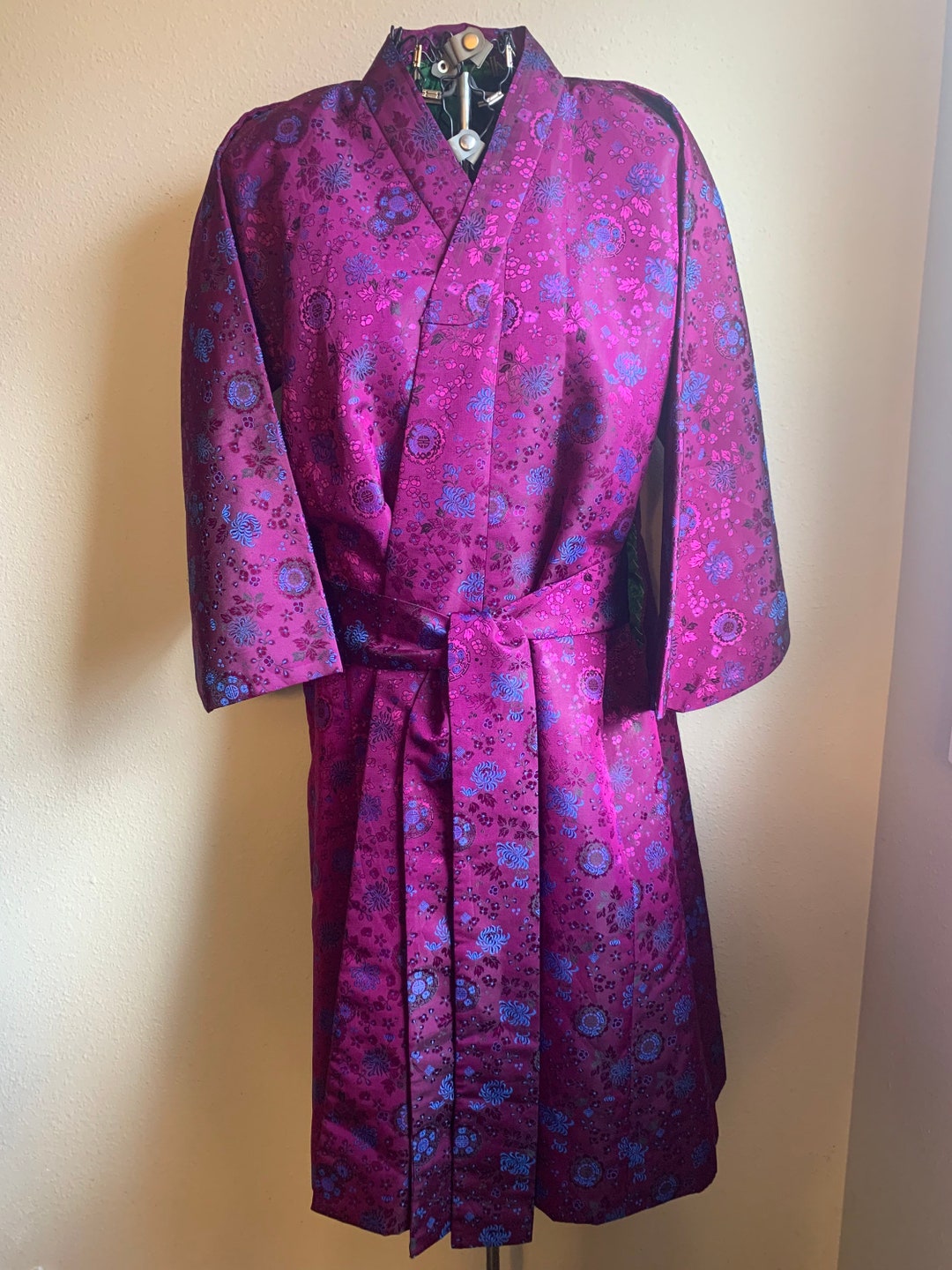 Vintage Floral Embroidered Robe Purple Emerald Green Women's Size ...