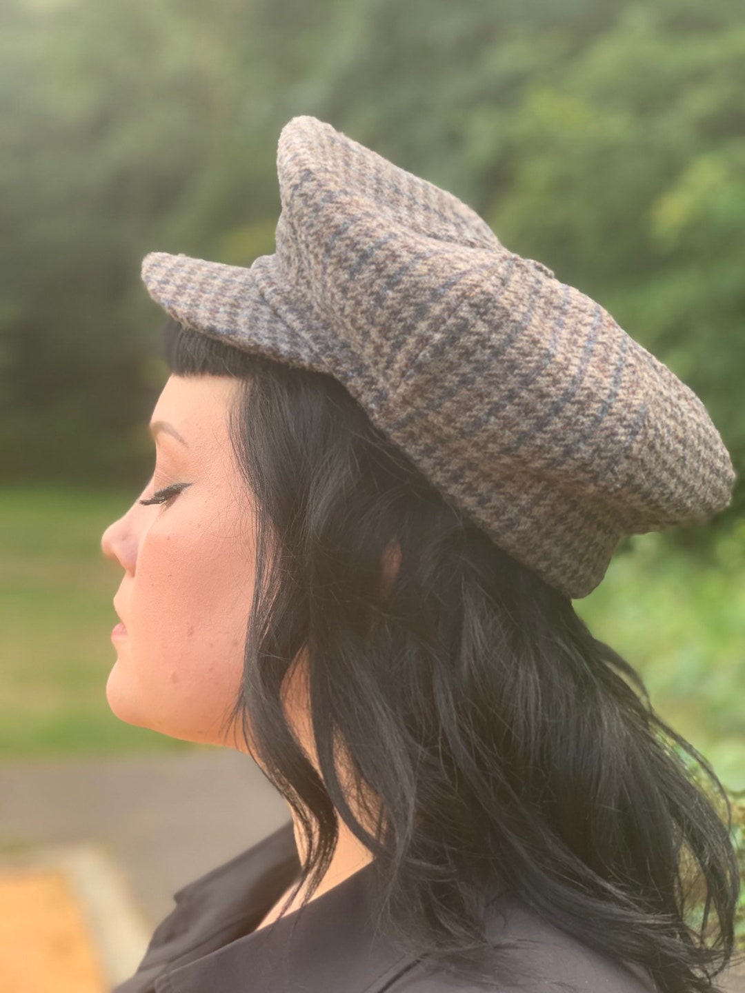 Vintage Pendleton Wool Tweed Motoring Messenger Cap Hat Black Gray Blue ...