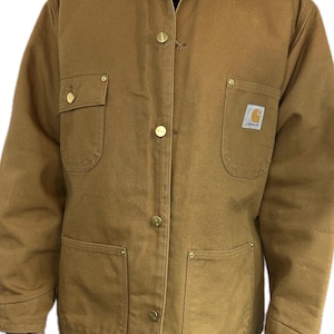 Vintage Tan Carhartt Blanket Lined Work Jacket Coat Button up Plaid Lined Men's Size Large ...