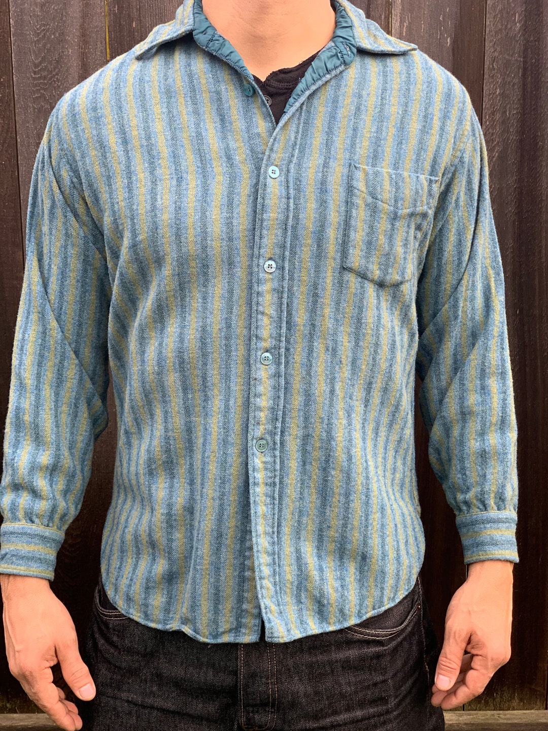 Rare Pendleton Blue and Yellow Green Striped Vintage Wool Button Down ...