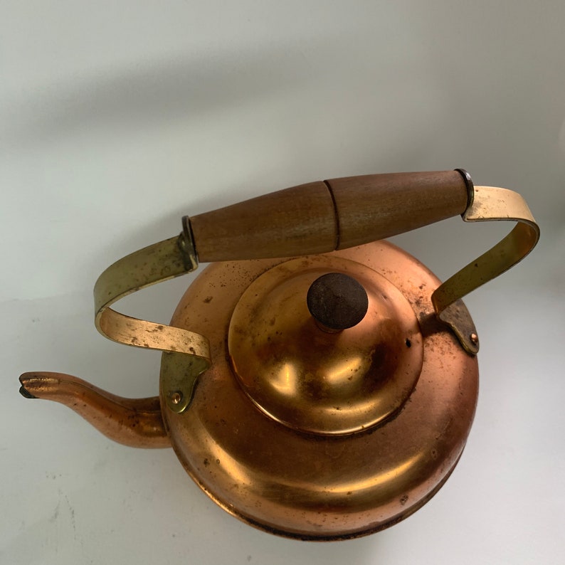 Vintage Copral Copper Tea Kettle Stove Top Coffee Tea Maker With Wooden ...
