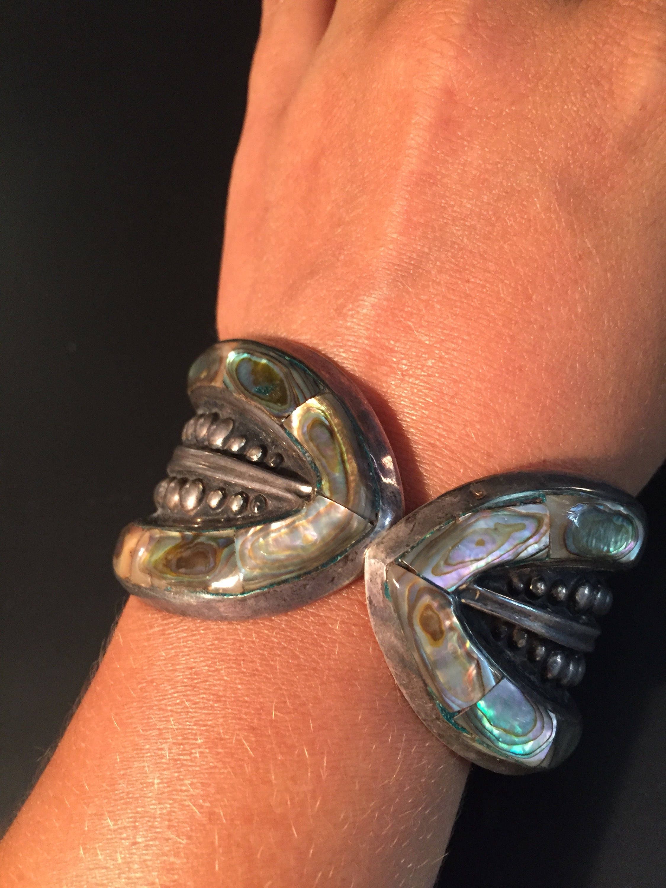 Vintage Sterling Silver and Abalone Hing Clamp Cuff Bracelet - Etsy