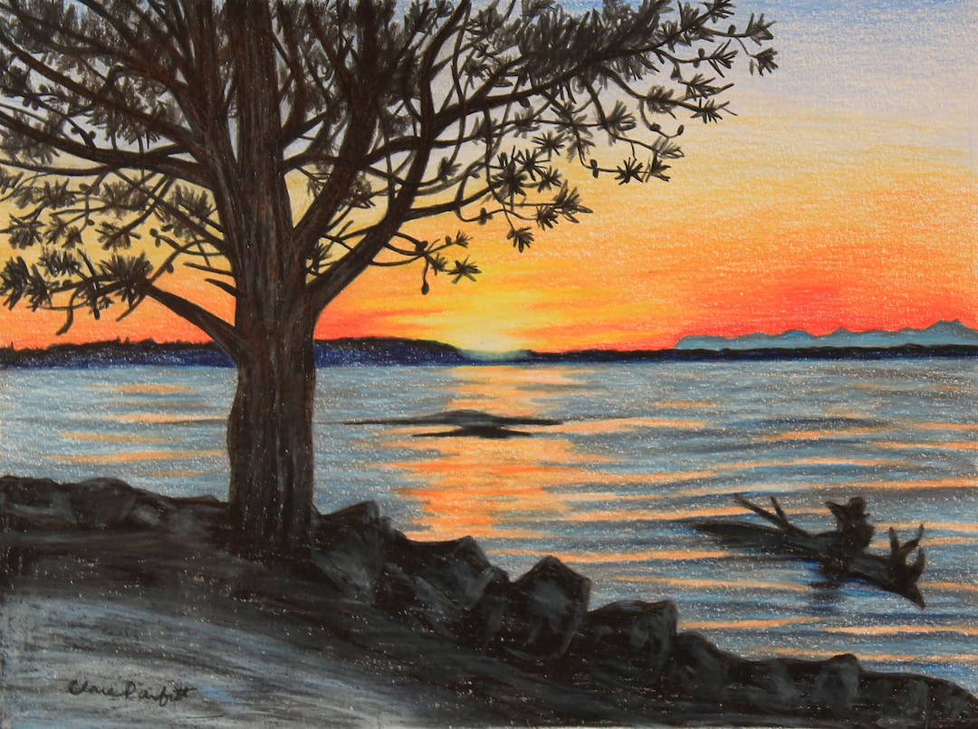 Beach Park Sunset-original Drawing - Etsy