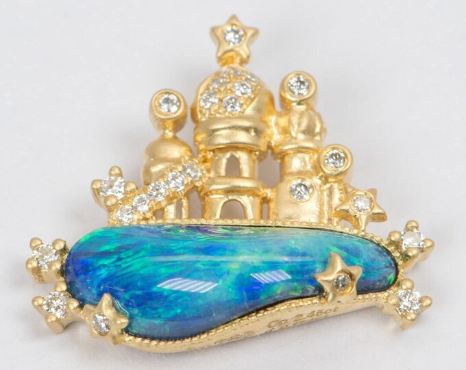 Australian Opal and Diamond Castle Pendant 18K Gold Charm for Necklace ...
