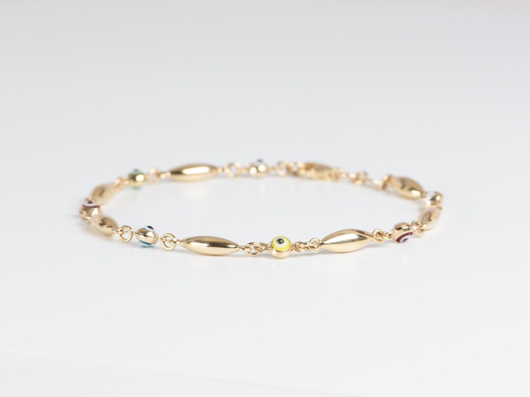 7.25" 14K Gold Multi-color Evil Eye & Gold Link Bracelet R2078 Great for Protection Jewelry ...