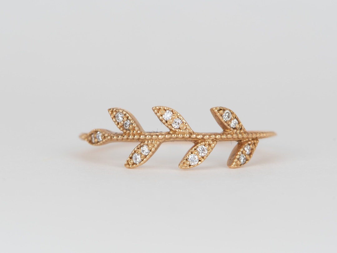 Nature-inspired Leaf Ring With Diamonds 18K Rose Gold T043 - Etsy