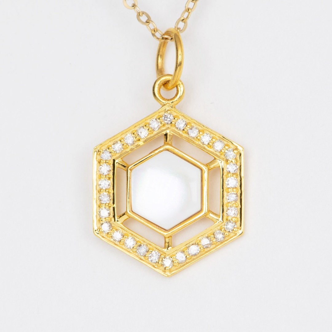 Hexagon Shaped Amulet With Mother of Pearl MOP Center and Diamond Halo ...