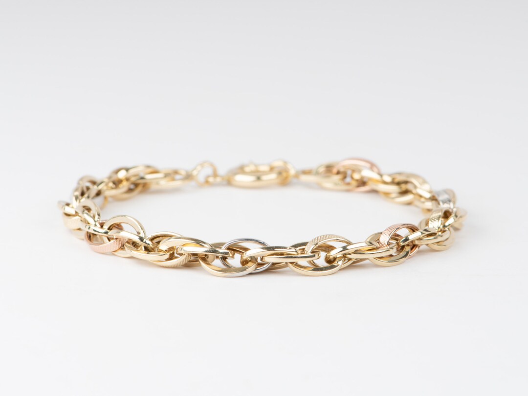 Tri-color Fancy Link Bracelet 14K Gold 6.79g Textured Yellow White Rose ...