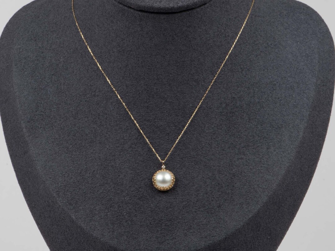 Japanese Mabe Pearl Half Round Pendant Necklace 10K Gold Chain Diamond ...