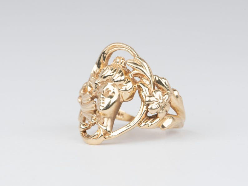 14K Gold Art Nouveau Lady Woman Figure Ring 7g Vintage Jewelry Floral ...