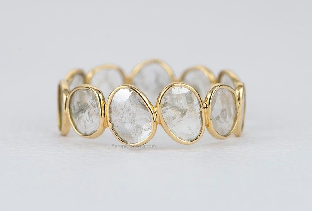 Rustic Diamond Slice Ring 14K 18K Gold Bezel Set Full Eternity Wedding ...