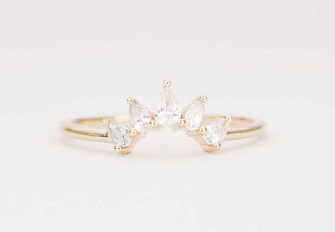 Pear Shape White Sapphire Ring Teardrop 14K Gold Wedding Band Curve ...