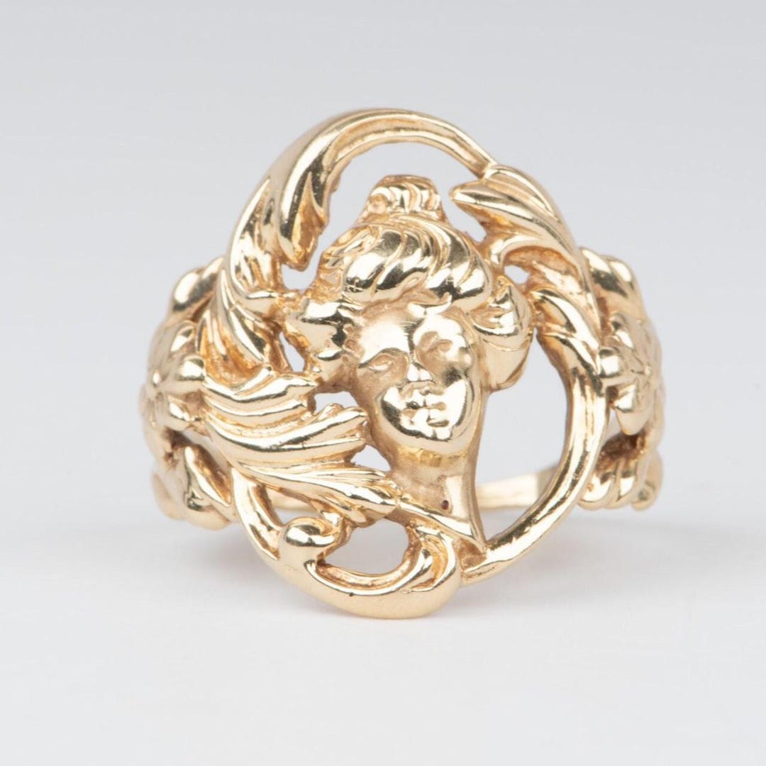 14K Gold Art Nouveau Lady Woman Figure Ring 7g Vintage Jewelry Floral ...