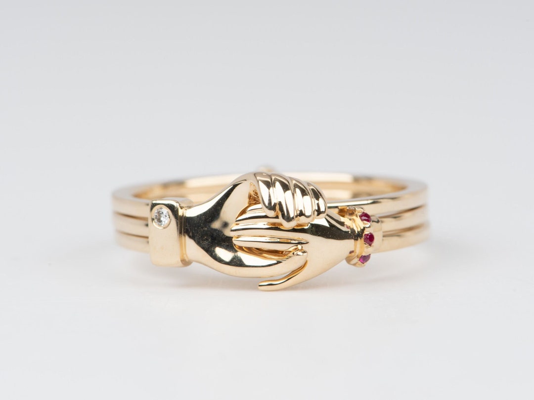 Fede Gimmel Ring 14K Gold With Diamond and Ruby Hands Clasped With ...