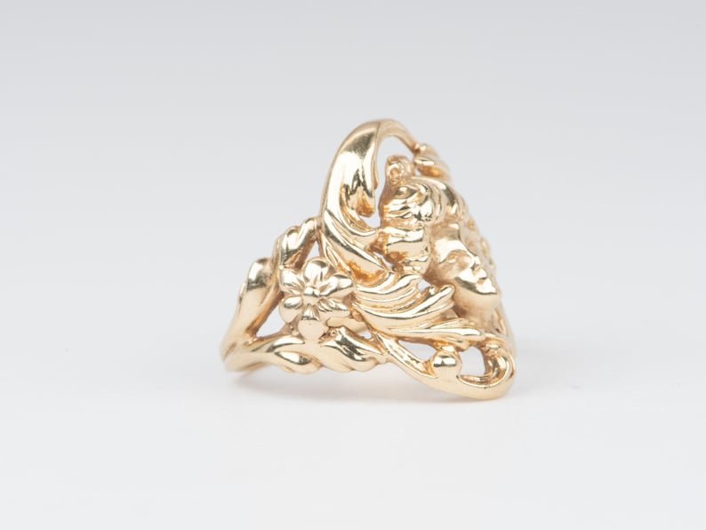 14K Gold Art Nouveau Lady Woman Figure Ring 7g Vintage Jewelry Floral ...