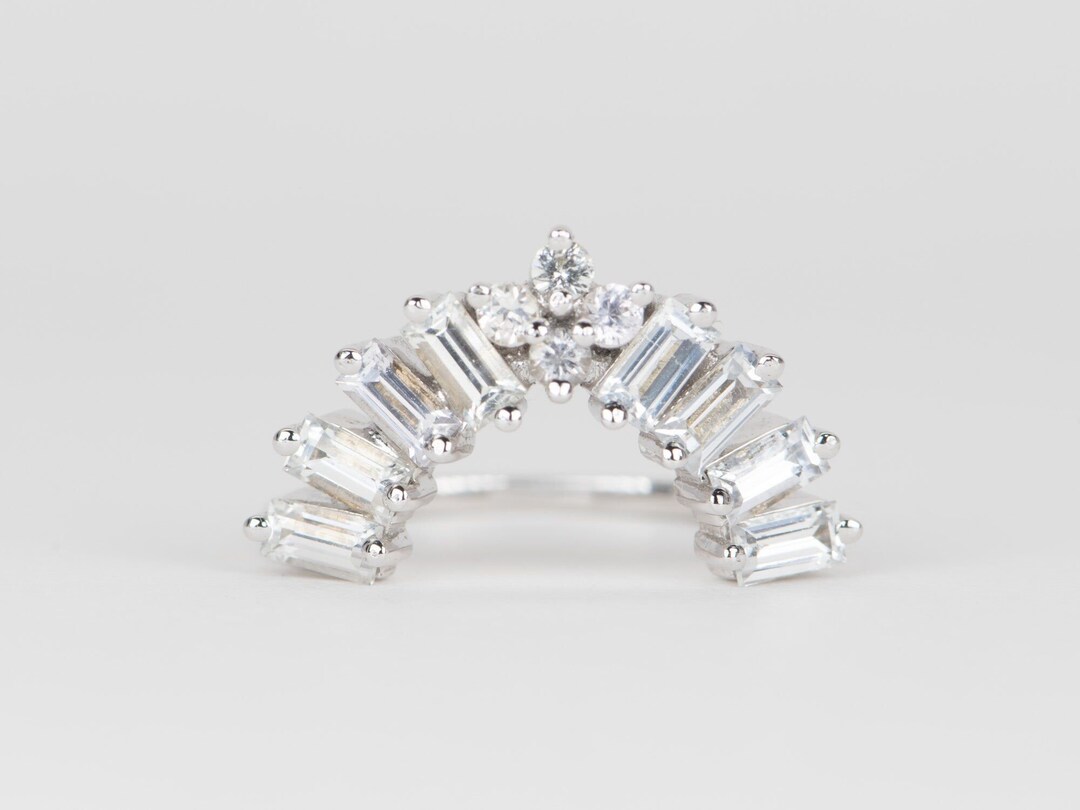 White Sapphire Large Baguette Crown Ring 14K White Gold R5064 - Etsy