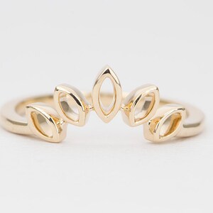 Marquise Crown Ring Solid 14K Gold Unique Wedding Band Hollowed ...