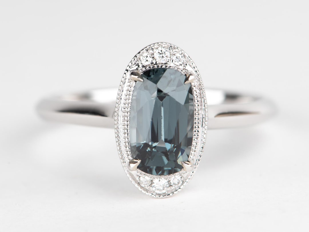 1.46ct Steel Gray Spinel Ring With Diamond Accent Millgrain Setting 14K ...