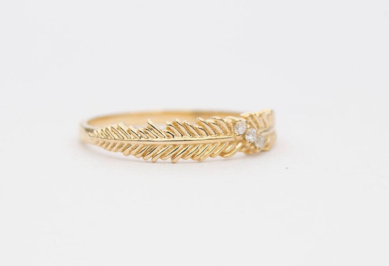 Feather with Three Diamond Ring 14K Gold Unique Wedding Band | Etsy
