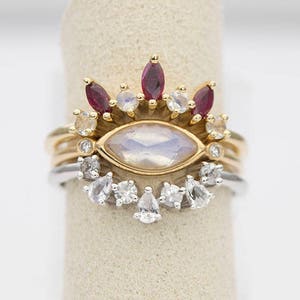 White Sapphire Ring 14K Gold Wedding Band Teardrop Round Prong Set ...