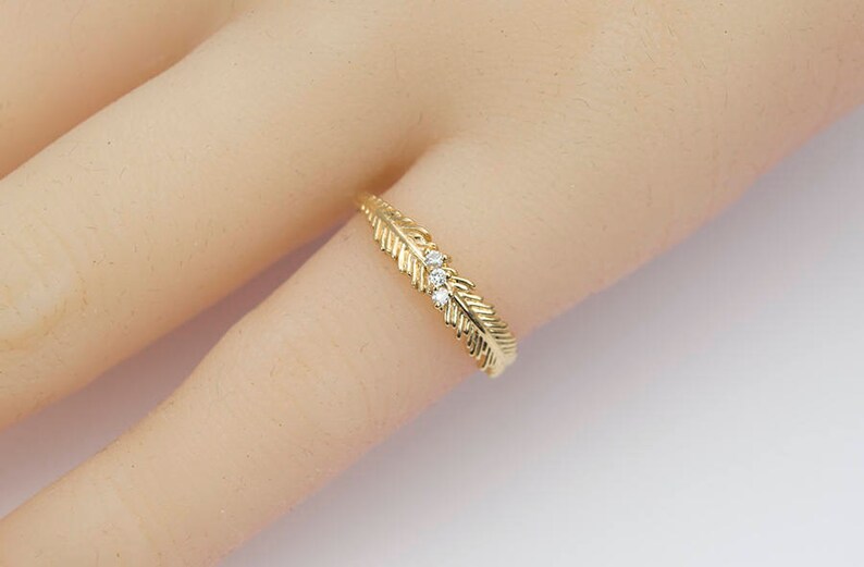 Feather with Three Diamond Ring 14K Gold Unique Wedding Band | Etsy