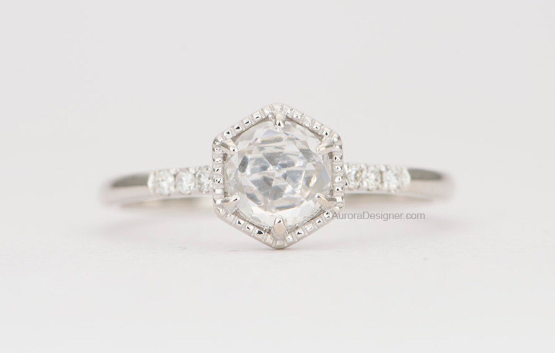 Rose Cut White Sapphire Engagement Ring 14K White Gold Diamond ...
