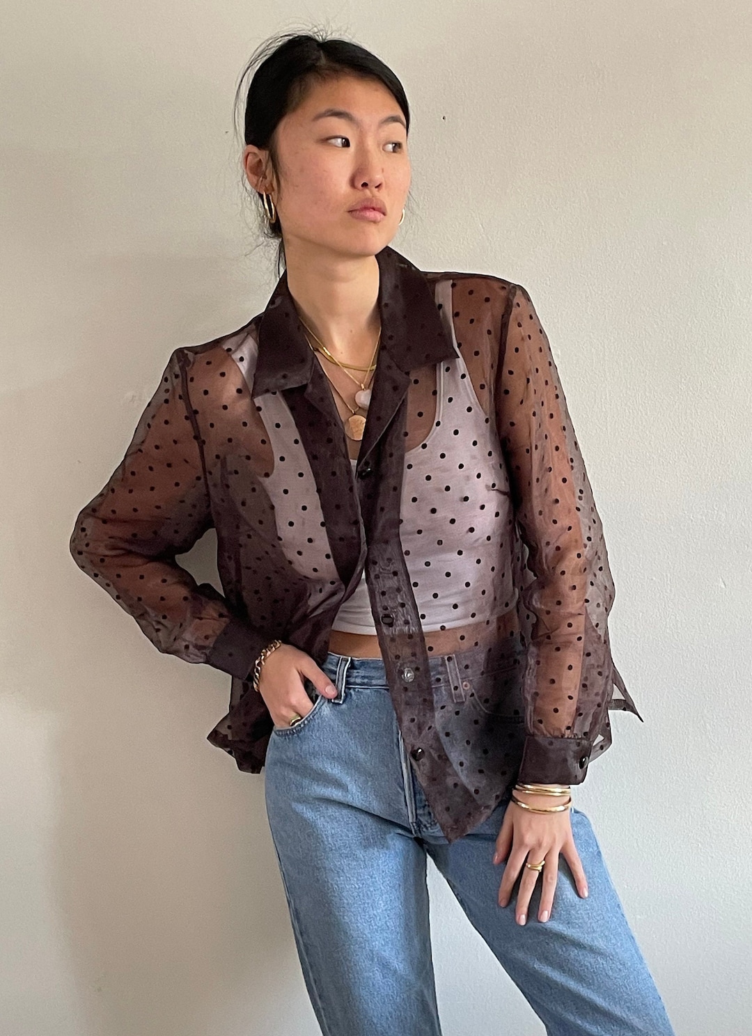 90s Sheer Blouse / Vintage Sheer Brown Chiffon Polka Dot Collared Cropped Capsule Wardrobe Over ...