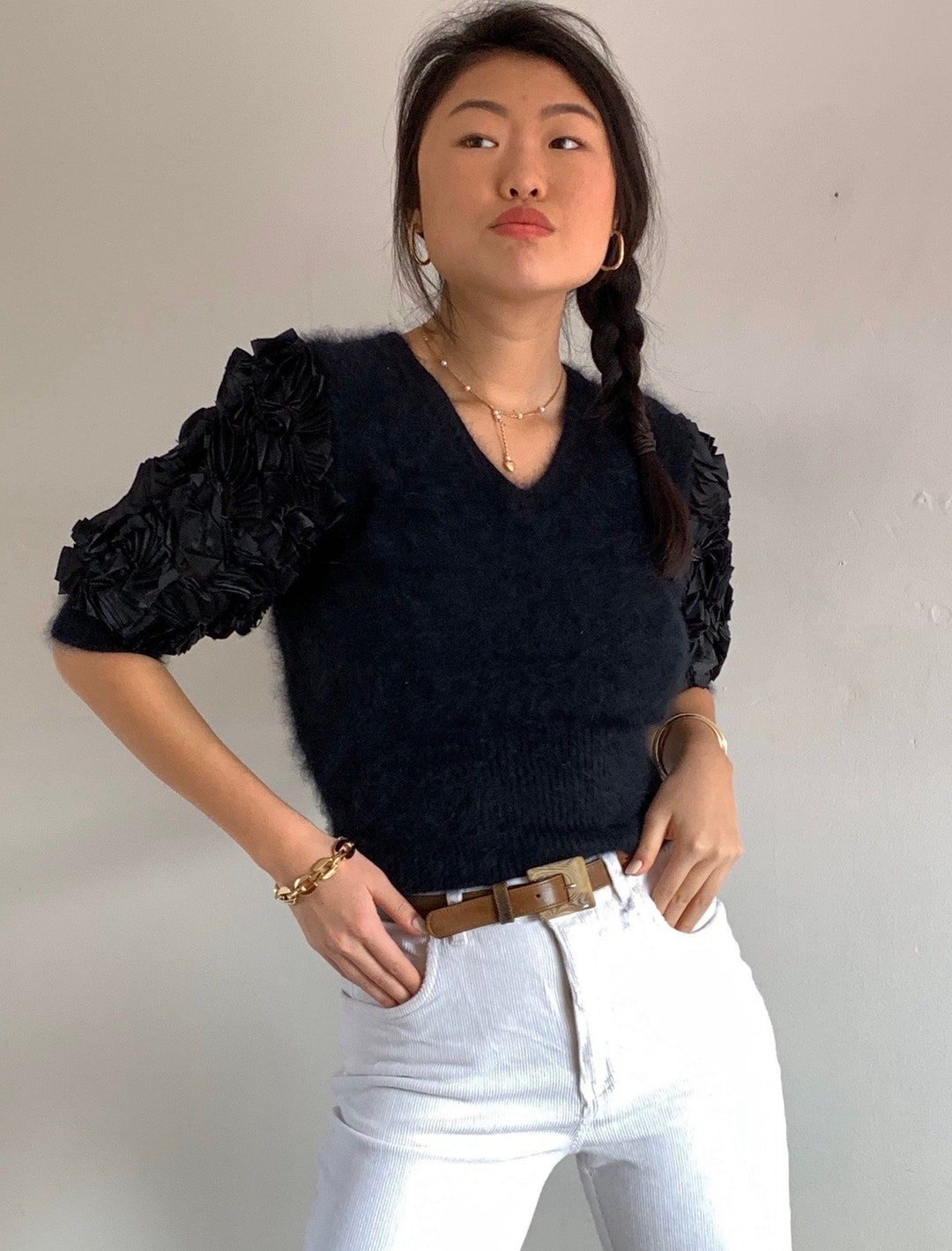 90s Puff Sleeve Angora Sweater / Vintage Black Angora Embellished ...