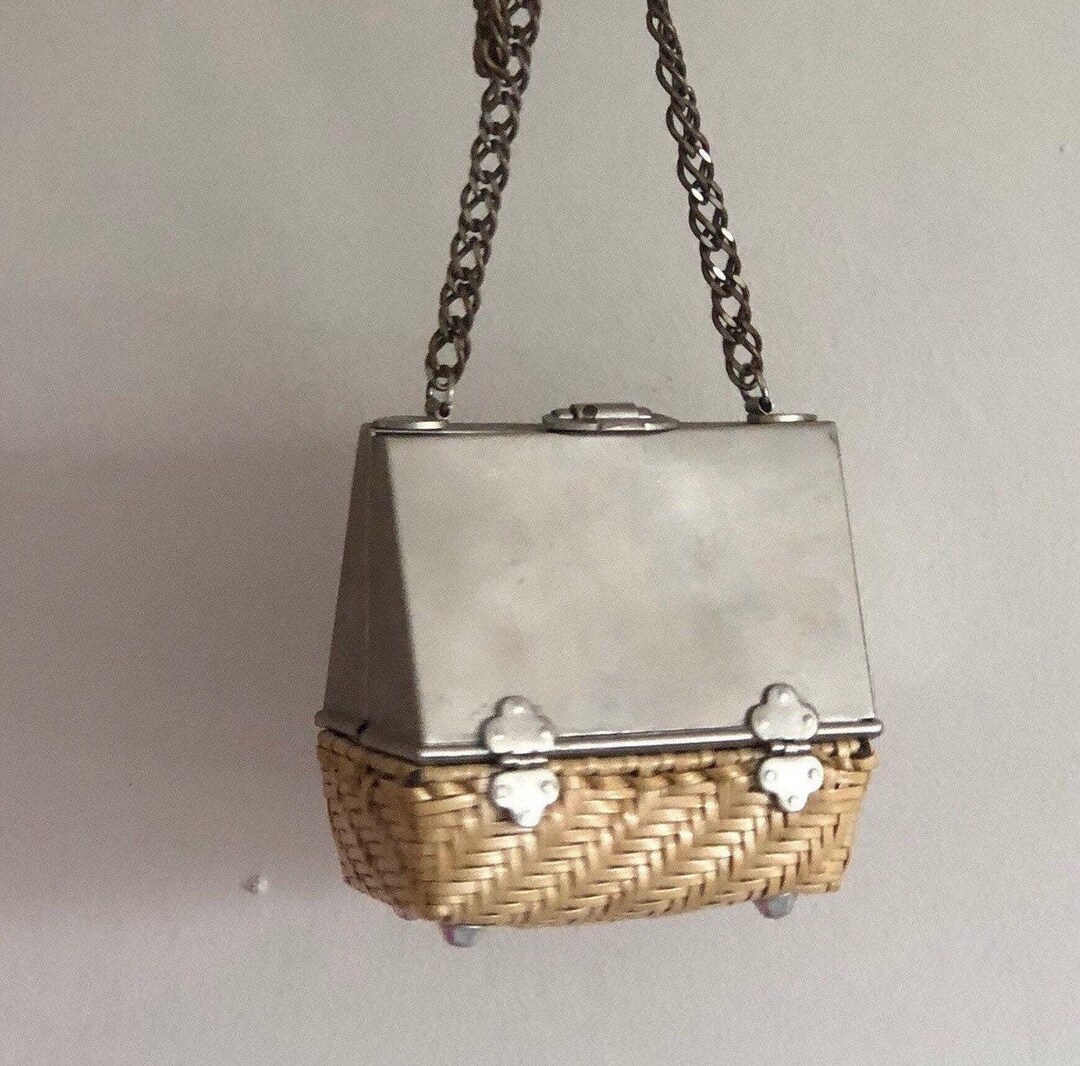 60s Silver Wicker Hardcase Purse / Vintage Woven Wicker Silver Long ...
