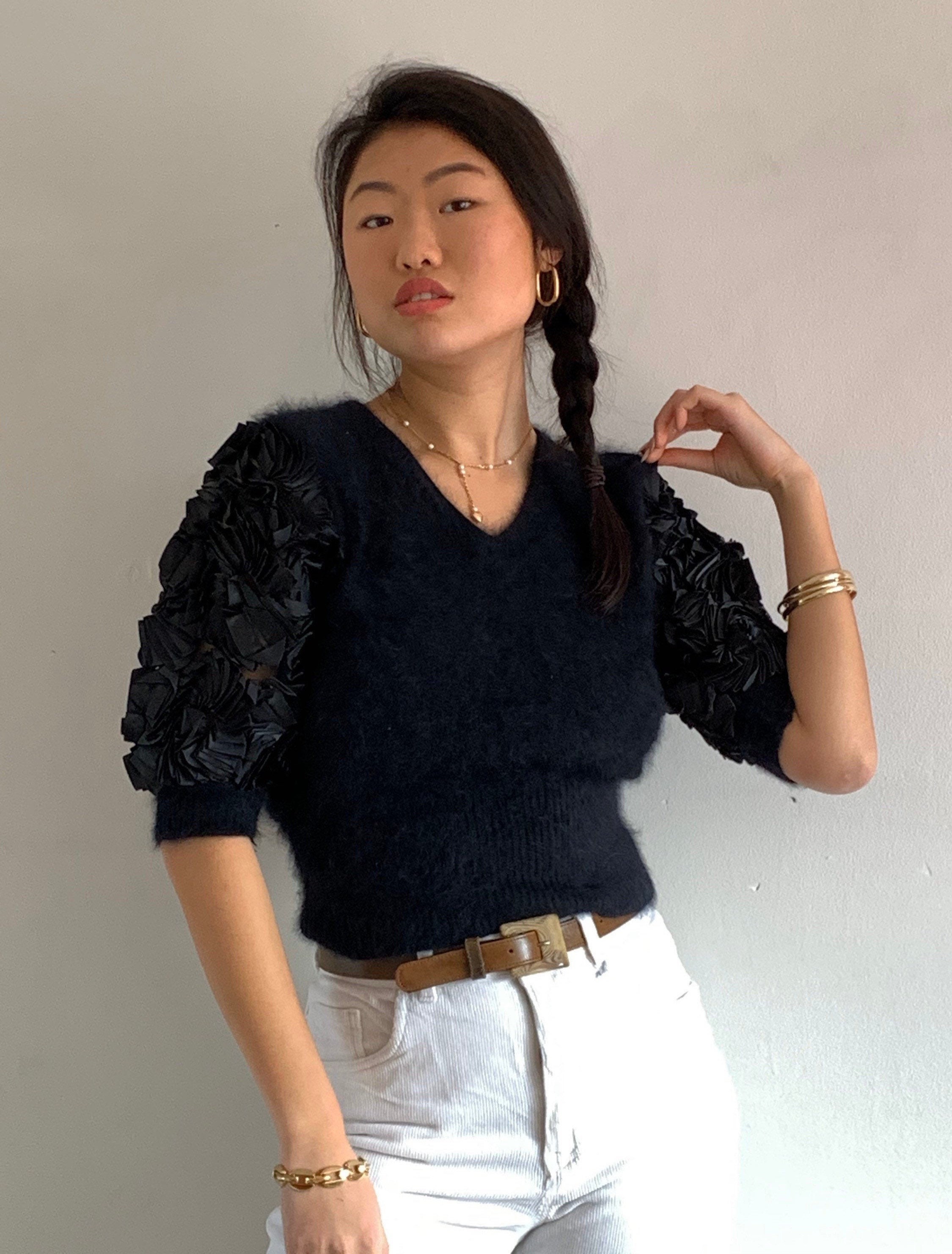 90s Puff Sleeve Angora Sweater / Vintage Black Angora - Etsy