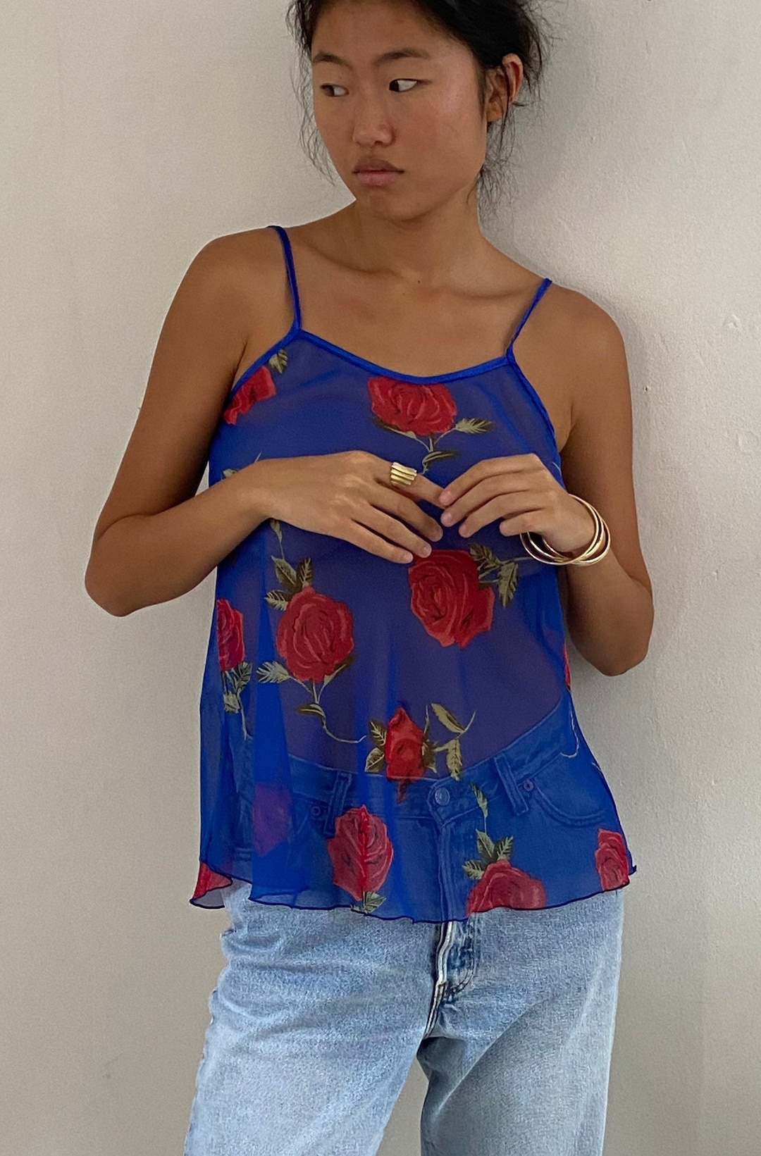 90s Sheer Camisole Top / Vintage Cobalt Blue Rose Print Sheer Chiffon Swing Camisole Top Medium ...